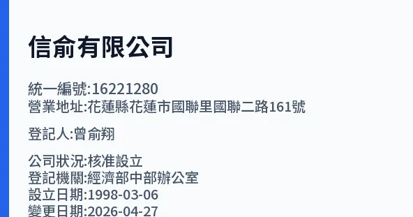 信俞有限公司的照片-統編 16221280(花蓮縣) 公司登記資料與營業項目詳細圖表