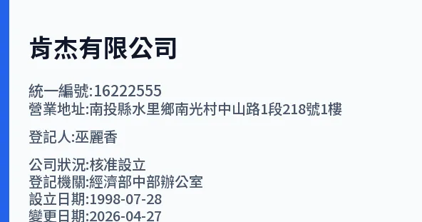 肯杰有限公司的照片-統編 16222555(南投縣) 公司登記資料與營業項目詳細圖表