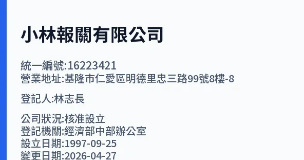 小林報關有限公司的照片-統編 16223421(基隆市) 公司登記資料與營業項目詳細圖表