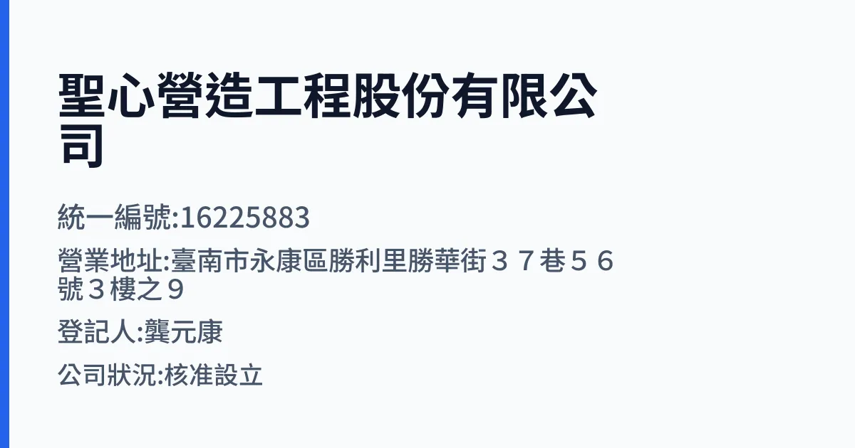 聖心營造工程股份有限公司 - 統編 16225883(臺南市) 公司登記資料與營業項目詳細圖表
