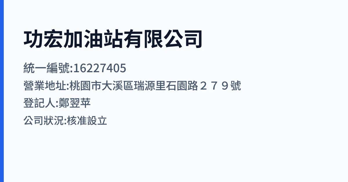 功宏加油站有限公司 - 統編 16227405(桃園市) 公司登記資料與營業項目詳細圖表