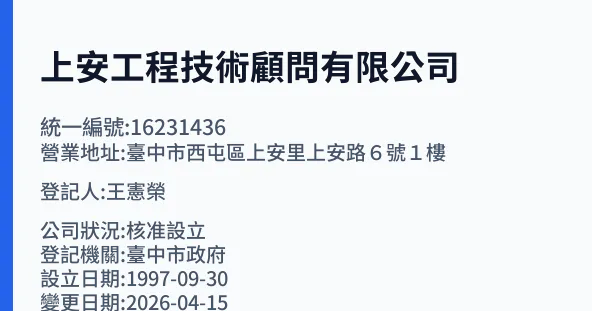 上安工程技術顧問有限公司的照片-統編 16231436(臺中市) 公司登記資料與營業項目詳細圖表