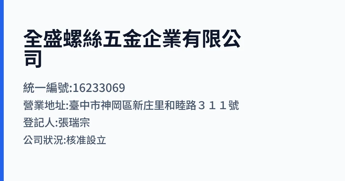 全盛螺絲五金企業有限公司 - 統編 16233069(臺中市) 公司登記資料與營業項目詳細圖表