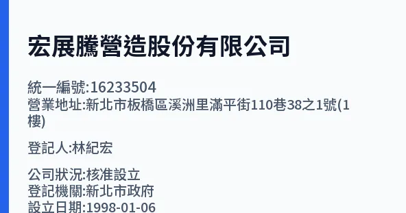 宏展騰營造股份有限公司的照片-統編 16233504(新北市) 公司登記資料與營業項目詳細圖表
