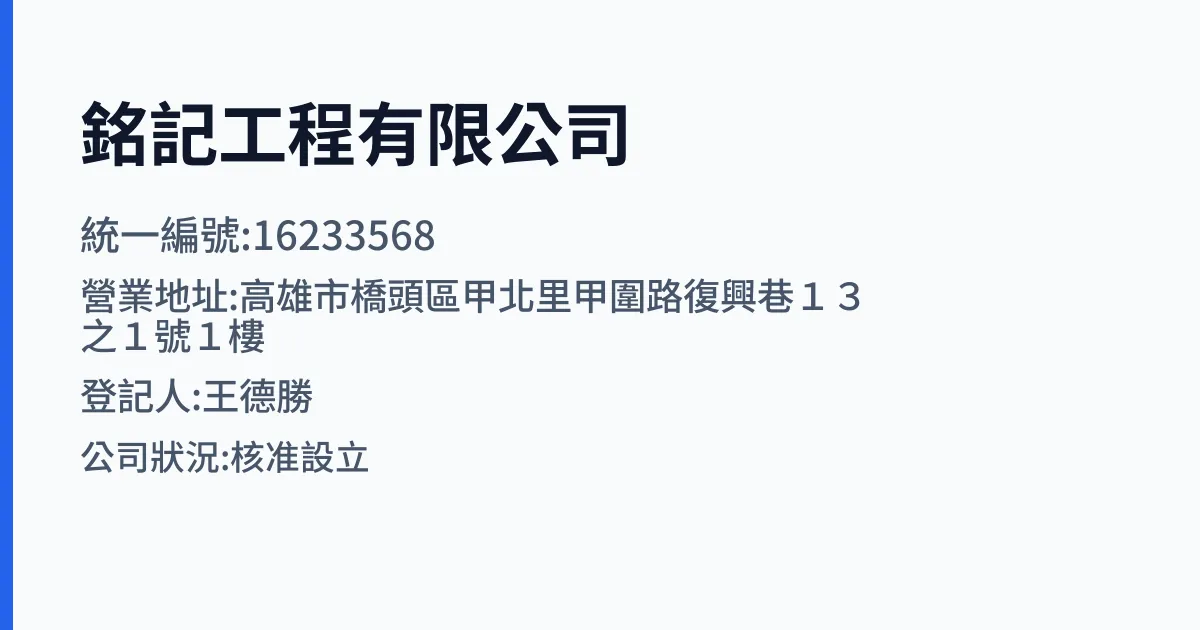 銘記工程有限公司 - 統編 16233568(高雄市) 公司登記資料與營業項目詳細圖表