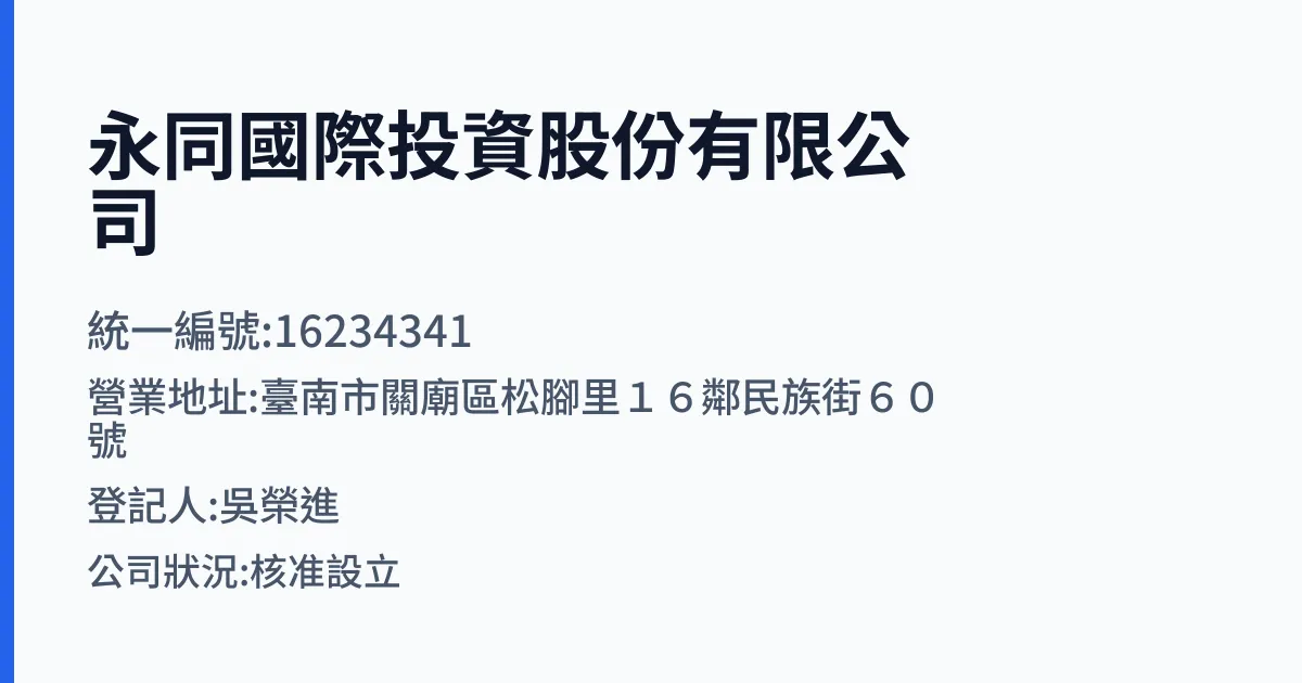 永同國際投資股份有限公司 - 統編 16234341(臺南市) 公司登記資料與營業項目詳細圖表