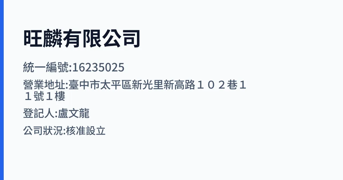 旺麟有限公司 - 統編 16235025（臺中市） 公司登記資料與營業項目詳細圖表