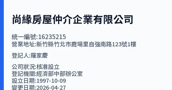 尚緣房屋仲介企業有限公司的照片-統編 16235215(新竹縣) 公司登記資料與營業項目詳細圖表