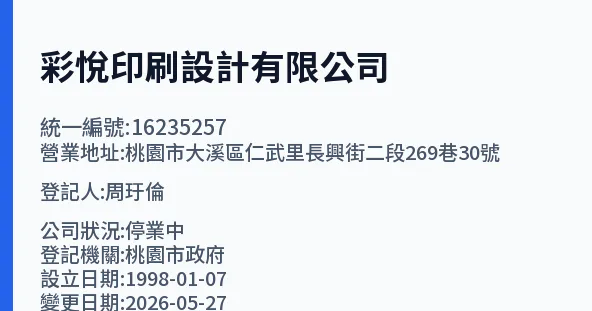 彩悅印刷設計有限公司的照片-統編 16235257(桃園市) 公司登記資料與營業項目詳細圖表