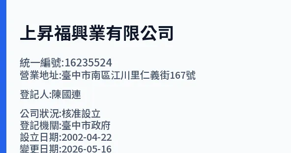 上昇福興業有限公司的照片-統編 16235524(臺中市) 公司登記資料與營業項目詳細圖表