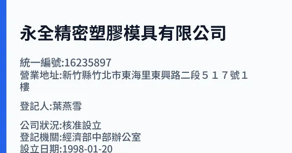 永全精密塑膠模具有限公司的照片-統編 16235897(新竹縣) 公司登記資料與營業項目詳細圖表