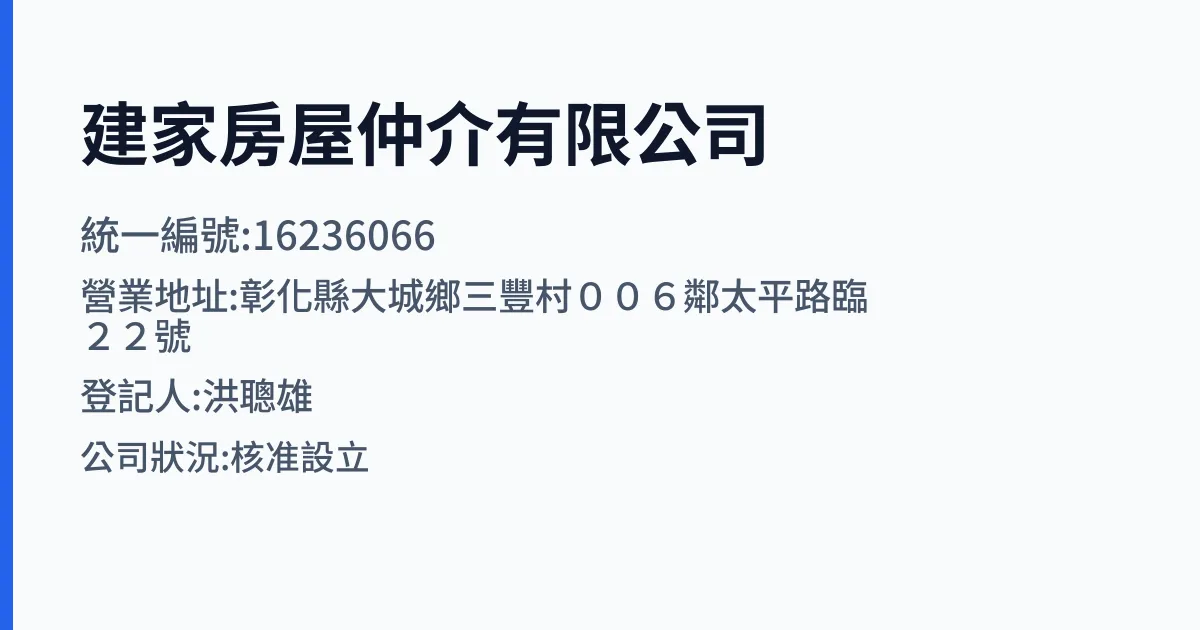 建家房屋仲介有限公司 - 統編 16236066(臺中市) 公司登記資料與營業項目詳細圖表
