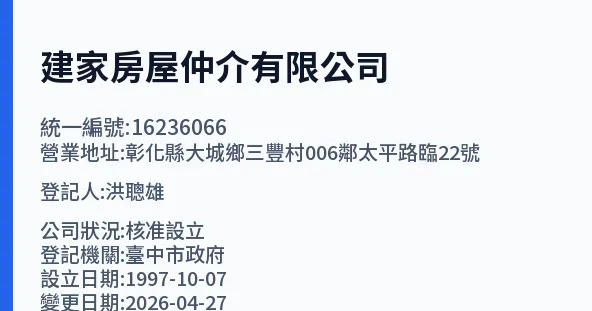 建家房屋仲介有限公司的照片-統編 16236066(彰化縣) 公司登記資料與營業項目詳細圖表