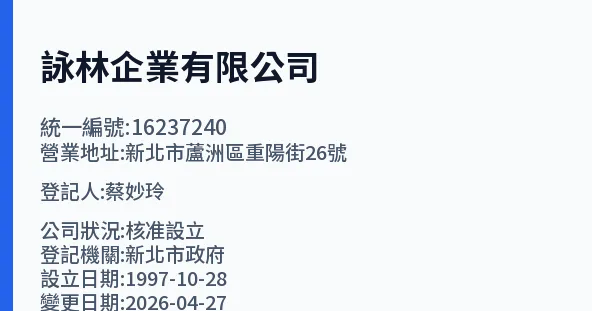 詠林企業有限公司的照片-統編 16237240(新北市) 公司登記資料與營業項目詳細圖表