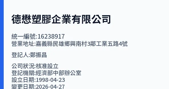 德懋塑膠企業有限公司的照片-統編 16238917(嘉義縣) 公司登記資料與營業項目詳細圖表