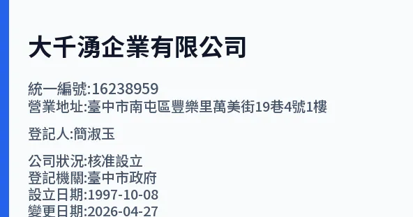 大千湧企業有限公司的照片-統編 16238959(臺中市) 公司登記資料與營業項目詳細圖表