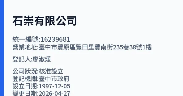 石崇有限公司的照片-統編 16239681(臺中市) 公司登記資料與營業項目詳細圖表