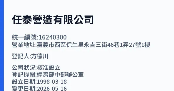 任泰營造有限公司的照片-統編 16240300(嘉義市) 公司登記資料與營業項目詳細圖表