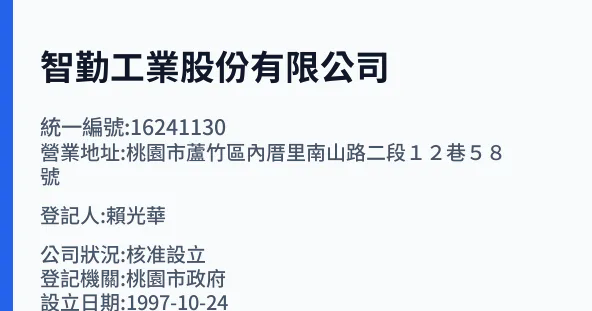 智勤工業股份有限公司的照片-統編 16241130(桃園市) 公司登記資料與營業項目詳細圖表