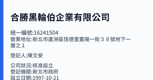 合勝黑輪伯企業有限公司的照片-統編 16241504(新北市) 公司登記資料與營業項目詳細圖表