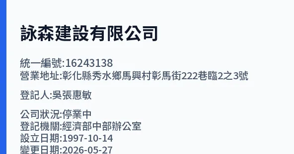 詠森建設有限公司的照片-統編 16243138(彰化縣) 公司登記資料與營業項目詳細圖表