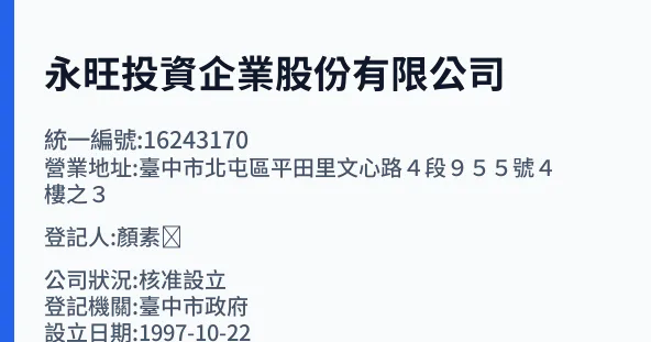 永旺投資企業股份有限公司的照片-統編 16243170(臺中市) 公司登記資料與營業項目詳細圖表