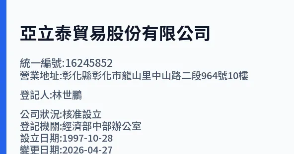 亞立泰貿易股份有限公司的照片-統編 16245852(彰化縣) 公司登記資料與營業項目詳細圖表