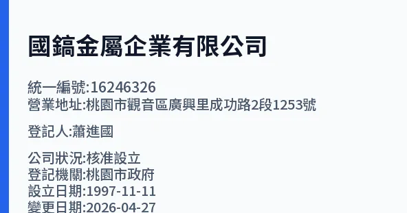國鎬金屬企業有限公司的照片-統編 16246326(桃園市) 公司登記資料與營業項目詳細圖表