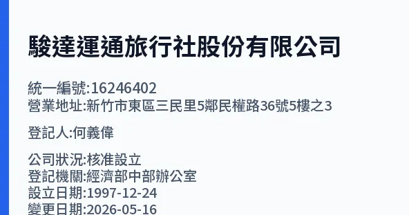 駿達運通旅行社股份有限公司的照片-統編 16246402(新竹市) 公司登記資料與營業項目詳細圖表