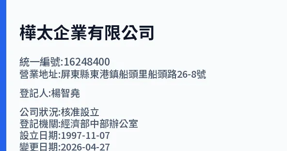 樺太企業有限公司的照片-統編 16248400(屏東縣) 公司登記資料與營業項目詳細圖表