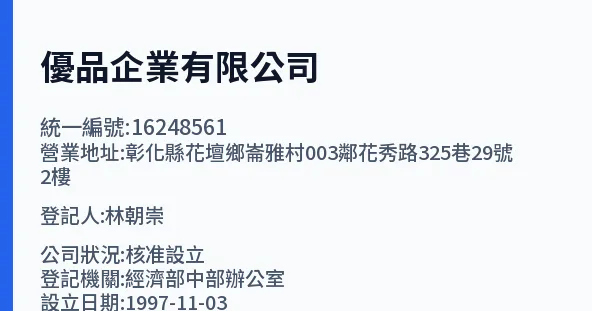 優品企業有限公司的照片-統編 16248561(彰化縣) 公司登記資料與營業項目詳細圖表
