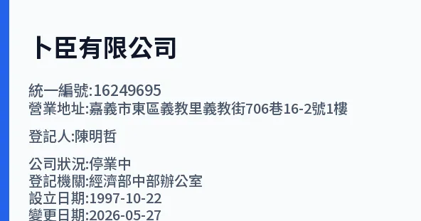 卜臣有限公司的照片-統編 16249695(嘉義市) 公司登記資料與營業項目詳細圖表