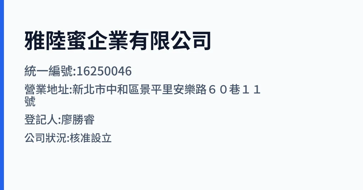 雅陸蜜企業有限公司 - 統編 16250046(新北市) 公司登記資料與營業項目詳細圖表