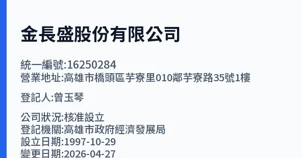 金長盛股份有限公司的照片-統編 16250284(高雄市) 公司登記資料與營業項目詳細圖表