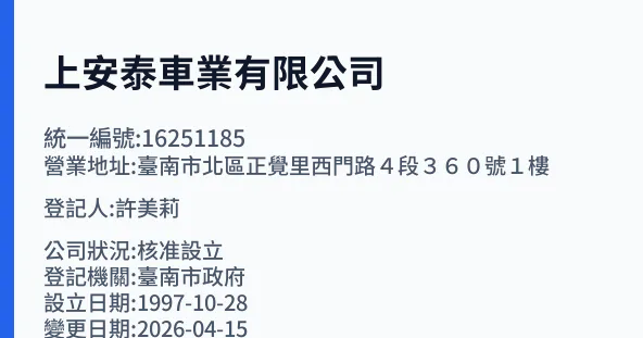 上安泰車業有限公司的照片-統編 16251185(臺南市) 公司登記資料與營業項目詳細圖表