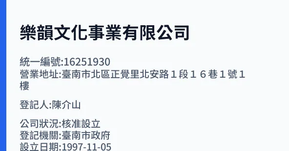 樂韻文化事業有限公司的照片-統編 16251930(臺南市) 公司登記資料與營業項目詳細圖表