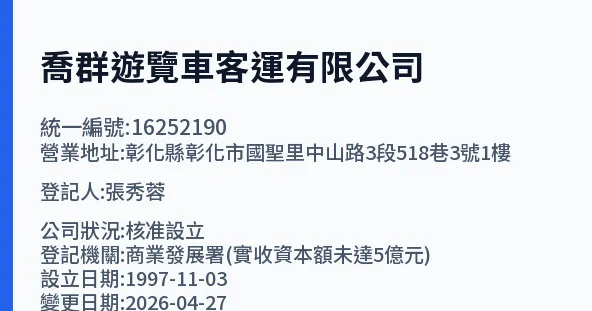 喬群遊覽車客運有限公司的照片-統編 16252190(彰化縣) 公司登記資料與營業項目詳細圖表