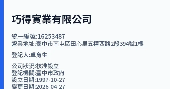 巧得實業有限公司的照片-統編 16253487(臺中市) 公司登記資料與營業項目詳細圖表