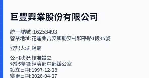 巨豐興業股份有限公司的照片-統編 16253493(花蓮縣) 公司登記資料與營業項目詳細圖表