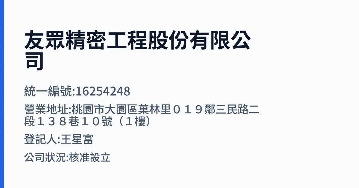 友眾精密工程股份有限公司 - 統編 16254248(桃園市) 公司登記資料與營業項目詳細圖表