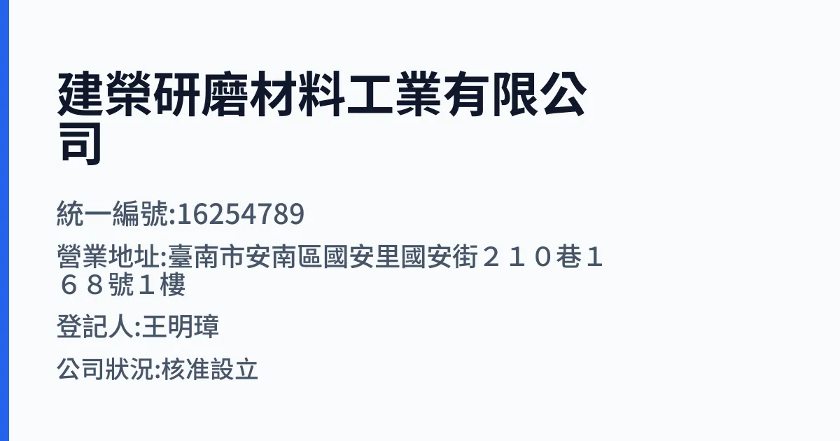 建榮研磨材料工業有限公司 - 統編 16254789(臺南市) 公司登記資料與營業項目詳細圖表
