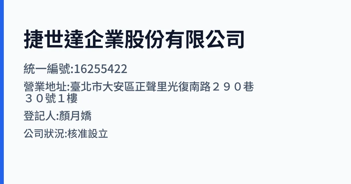 捷世達企業股份有限公司 - 統編 16255422(臺北市) 公司登記資料與營業項目詳細圖表