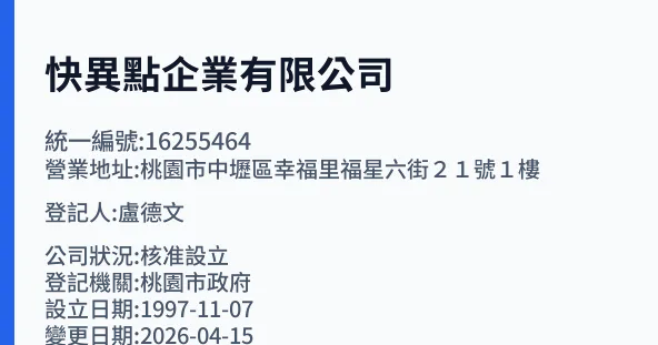 快異點企業有限公司的照片-統編 16255464(桃園市) 公司登記資料與營業項目詳細圖表