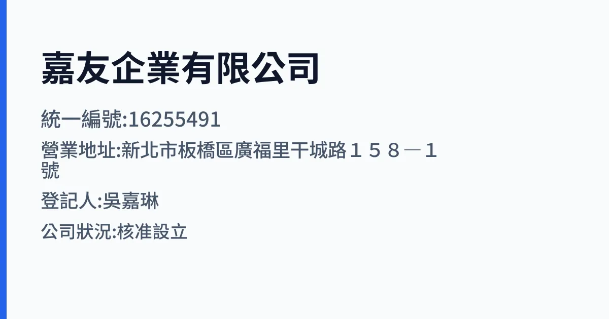 嘉友企業有限公司 - 統編 16255491(新北市) 公司登記資料與營業項目詳細圖表