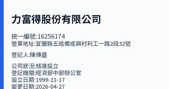 力富得股份有限公司的照片-統編 16256174(宜蘭縣) 公司登記資料與營業項目詳細圖表