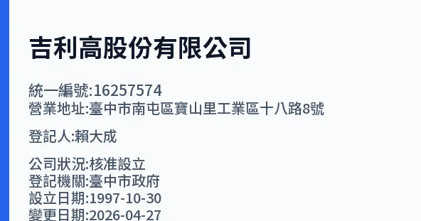 吉利高股份有限公司的照片-統編 16257574(臺中市) 公司登記資料與營業項目詳細圖表