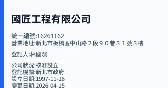 國匠工程有限公司的照片-統編 16261162(新北市) 公司登記資料與營業項目詳細圖表