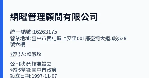 網曜管理顧問有限公司的照片-統編 16263175(臺中市) 公司登記資料與營業項目詳細圖表