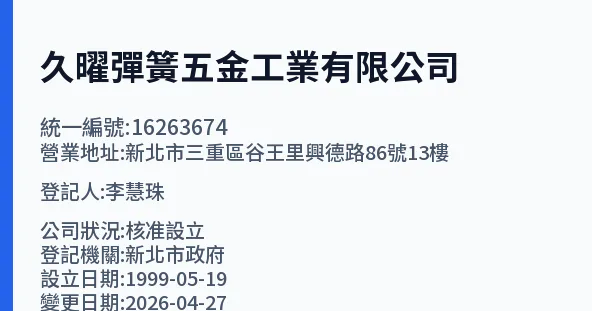 久曜彈簧五金工業有限公司的照片-統編 16263674(新北市) 公司登記資料與營業項目詳細圖表