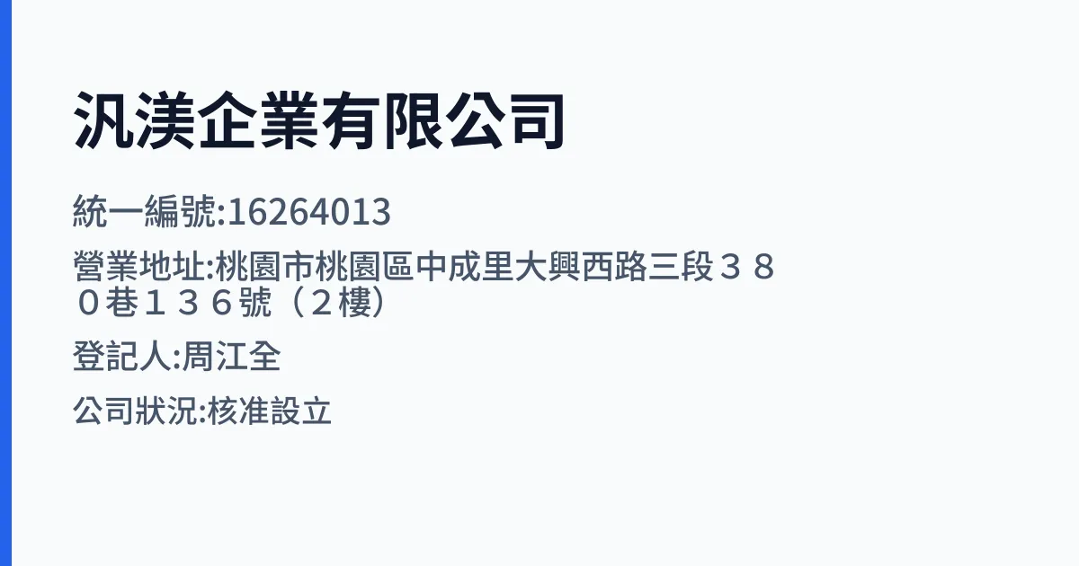 汎渼企業有限公司 - 統編 16264013(桃園市) 公司登記資料與營業項目詳細圖表